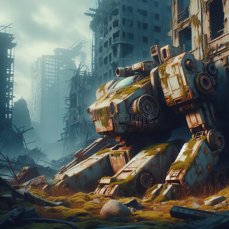 War Machine Amidst Urban Decay Stock Illustration - Illustration of ...