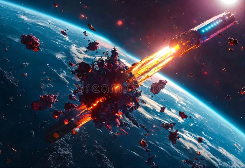 War of Satellites in Earth Orbit. Crash and Destruction Stock ...