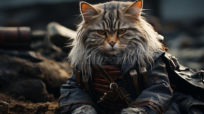 War Scene, Cat with Warrior Uniform. Generative AI Stock Illustration ...