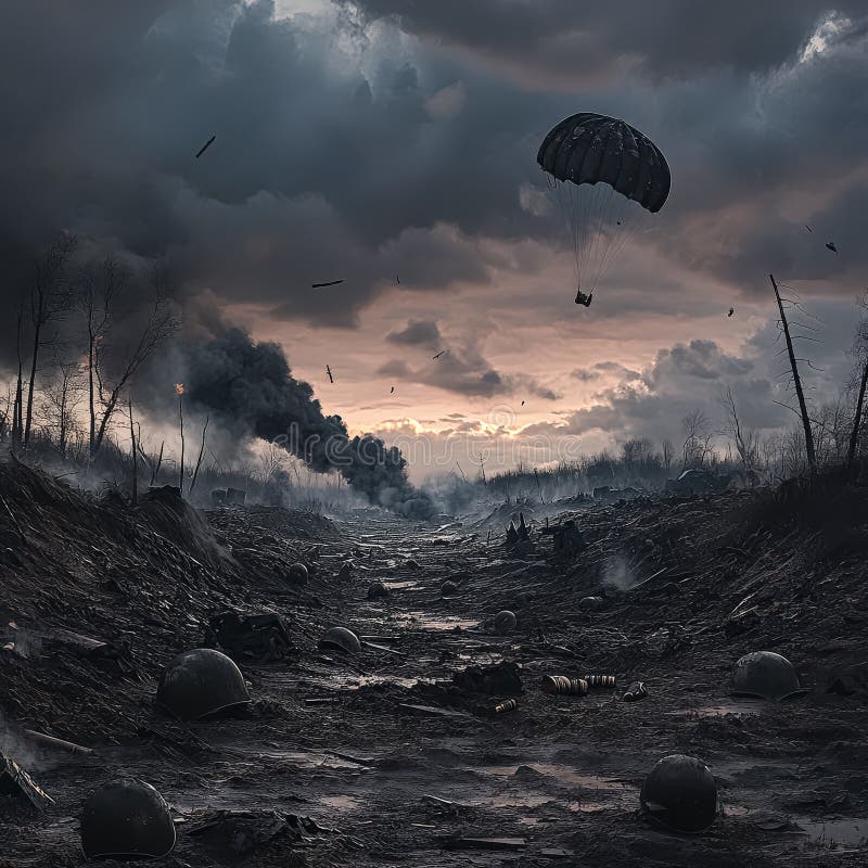 War Scene with a Parachute Falling from the Sky Stock Image - Image of ...