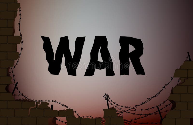 War Text on the Background with Broken Brick Wall and Barbed Wire ...