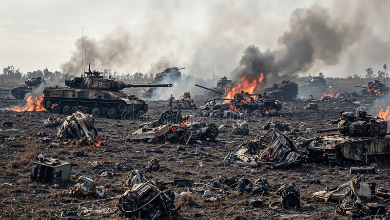 War Torn Battlefield with Charred Tanks and Debris Surrounded by Thick ...