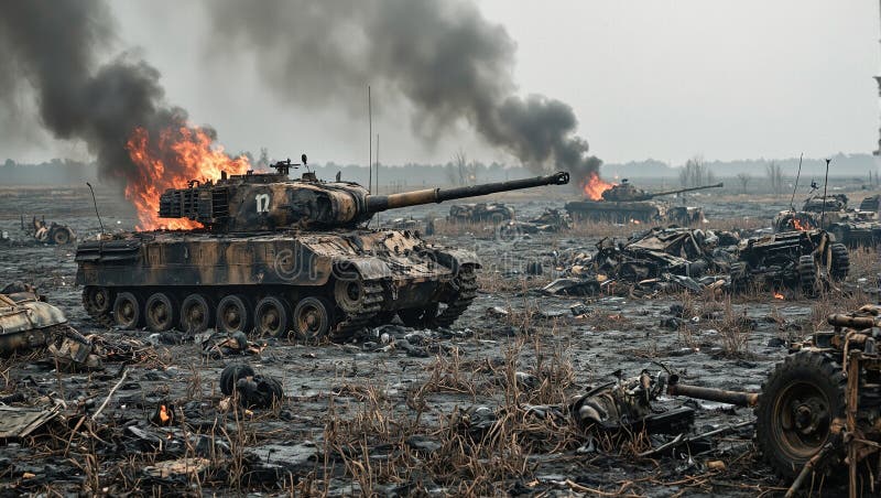 War Torn Battlefield with Charred Tanks and Debris Surrounded by Thick ...