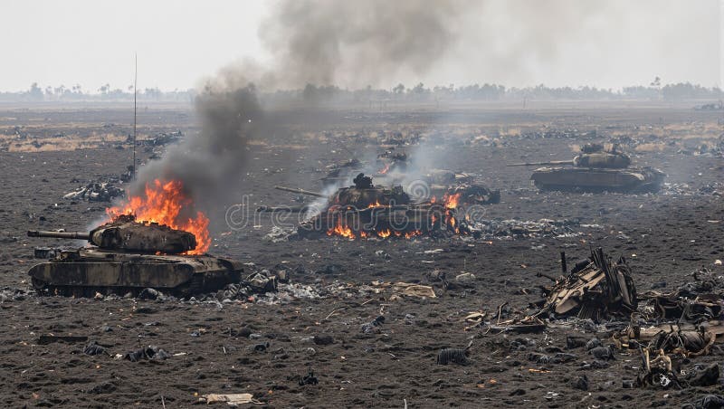 War Torn Battlefield with Charred Tanks and Debris Surrounded by Thick ...