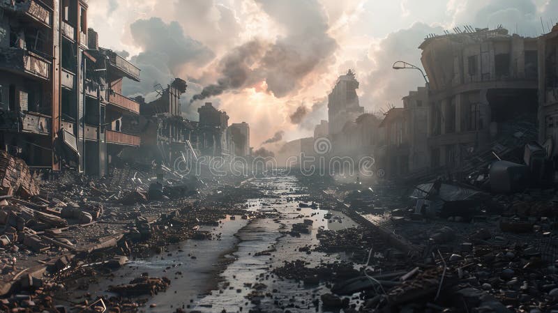 War Torn City Devastation with Ruined Buildings, Collapsed Roads, and ...