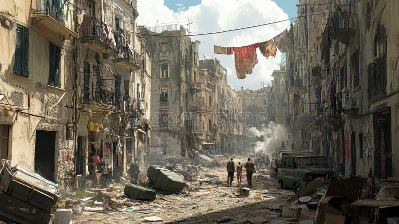War Torn City Street Showing Devastation and People Walking Stock ...