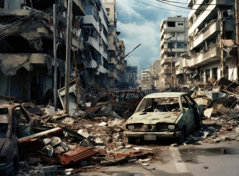 War Torn Destroyed High Rise Building Car Burnt Out War Damaged ...