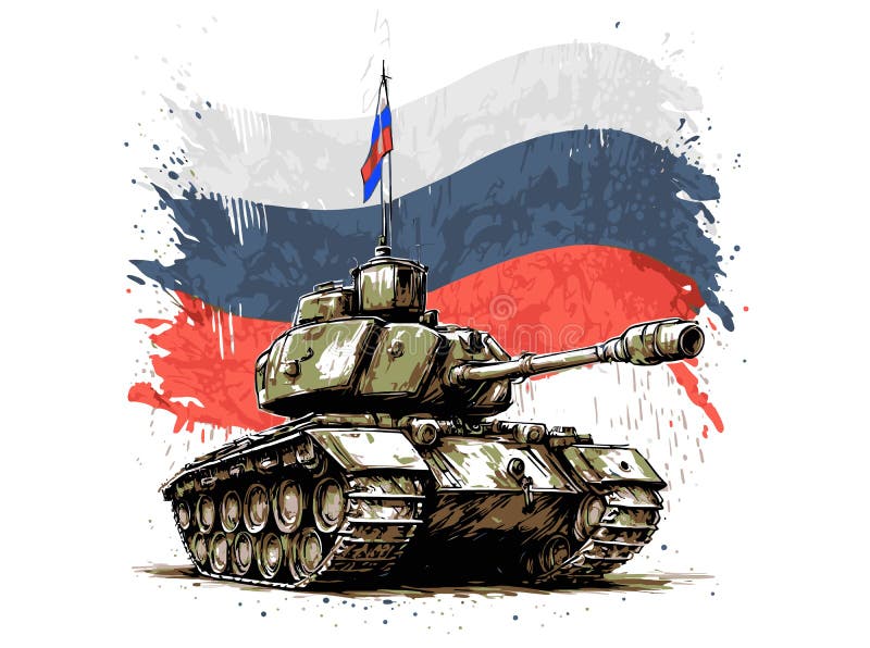 War in Ukraine by Russian Invasion. Russian Tank with a Flag. Attacking ...
