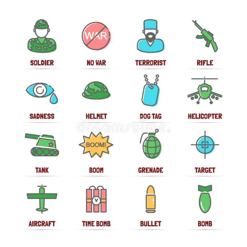 War Vector Line Icons with Flat Colors Stock Vector - Illustration of ...