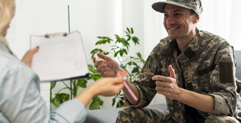 War Veteran Talking about Problems during Therapy Stock Photo - Image ...