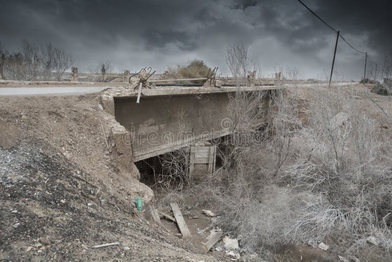 War Zone Scene with Destroyed Bridge and Infrastructure Stock Image ...
