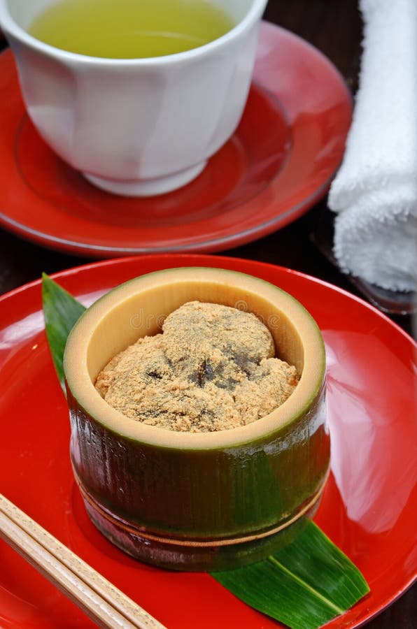 Matcha Warabi Mochi Served with Brown Sugar Syrup. Stock Photo - Image ...