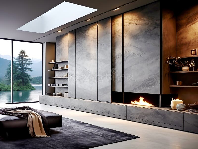 Wardrobe with Black Marble Doors in Minimalist Style Interior Design of ...