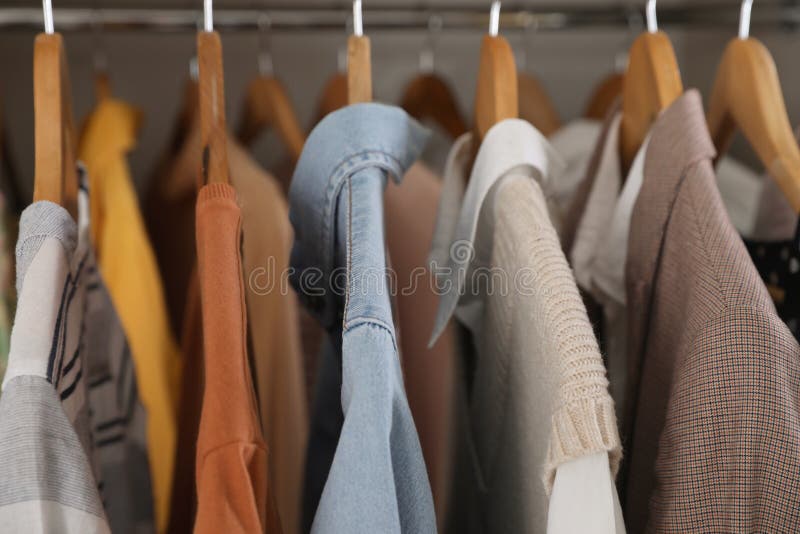 Wardrobe Closet with Different Stylish Clothes, Closeup Stock Photo ...