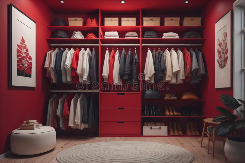 Wardrobe with Clothes and Accessories in Red Interior. Generative Ai ...