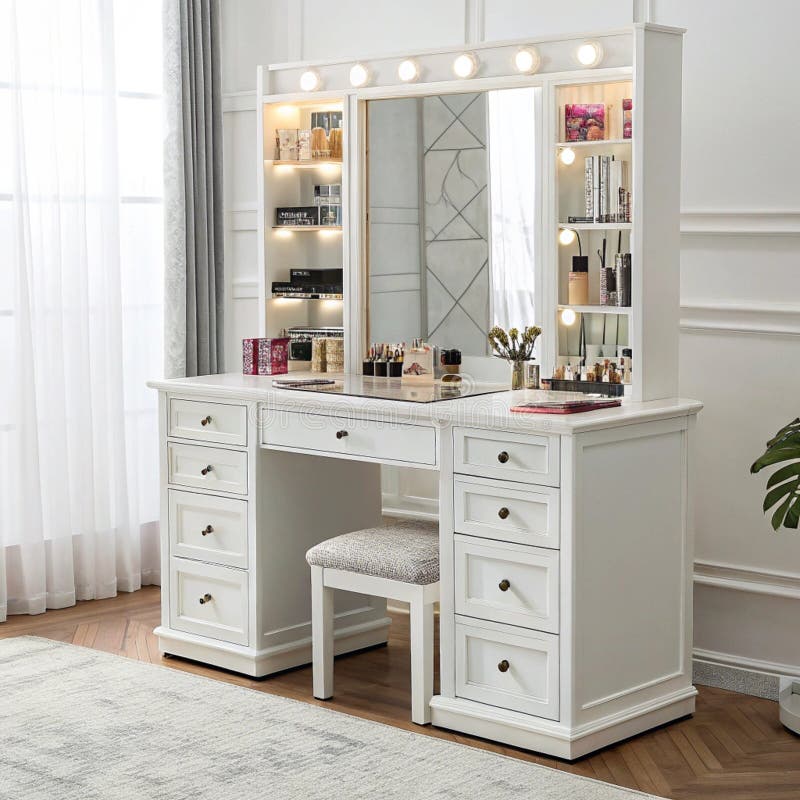 Wardrobe Island with Dressing and Makeup Area Stock Photo - Image of ...
