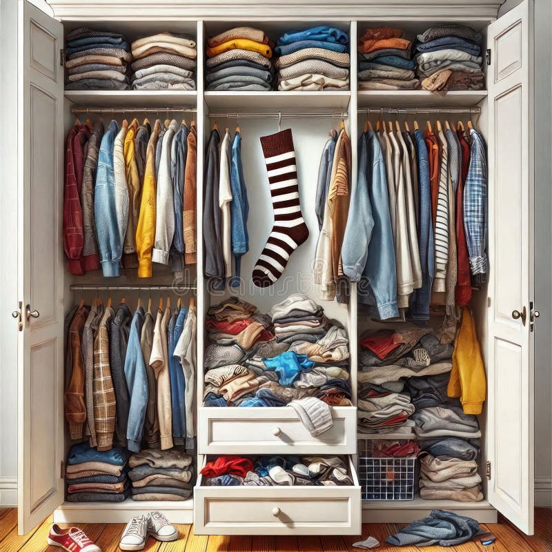 A Wardrobe with a Mess and a Hanging Sock. Stock Image - Image of cozy ...