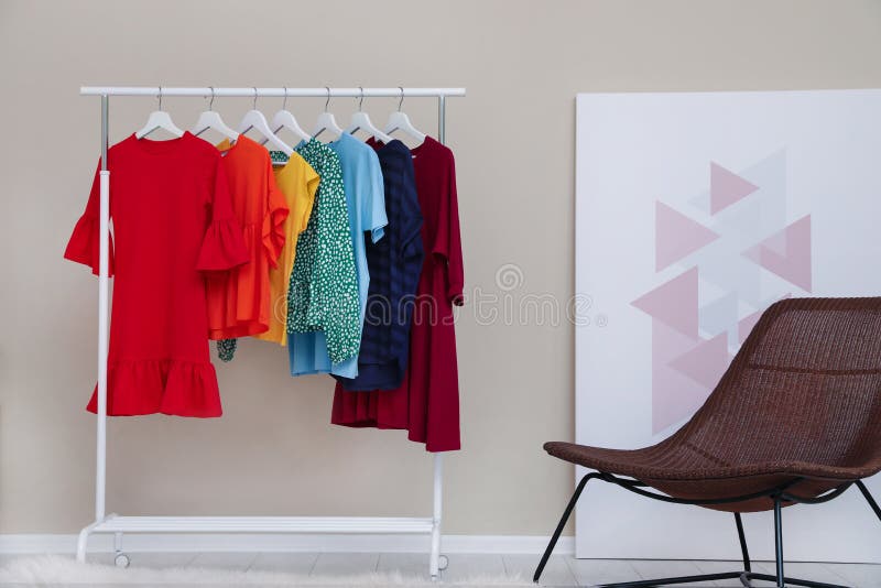 Wardrobe Rack with Colorful Clothes Stock Photo - Image of rack, retail ...