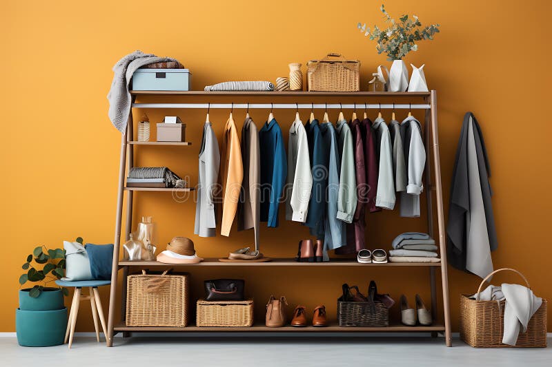 Wardrobe Rack with Stylish Clothes, Shoes and Accessories. Interior ...