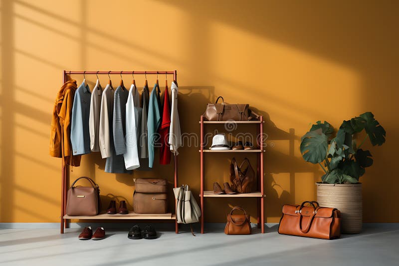 Wardrobe Rack with Stylish Clothes, Shoes and Accessories. Interior ...