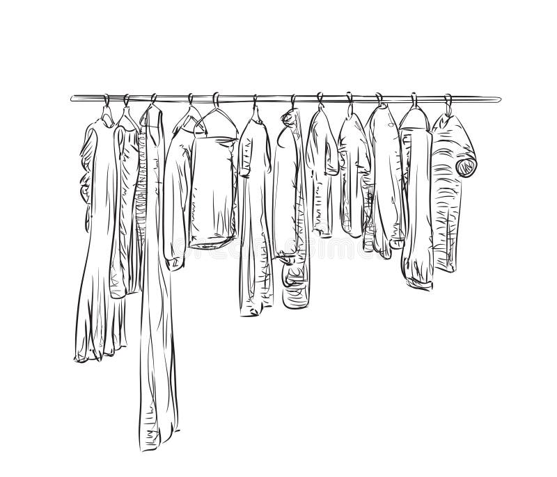 Wardrobe Sketch. Clothes on the Hangers Stock Vector - Illustration of ...