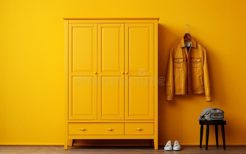 Wardrobe Yellow Background Wall -Generative Ai Stock Illustration ...