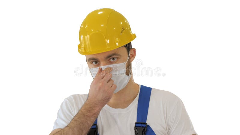Ware the Mask! Masked Construction Man in Hardhat on White Backg Stock ...