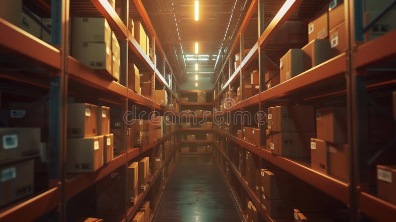 Warehouse Aisle Filled with Boxes on Shelves, Industrial Logistics and ...
