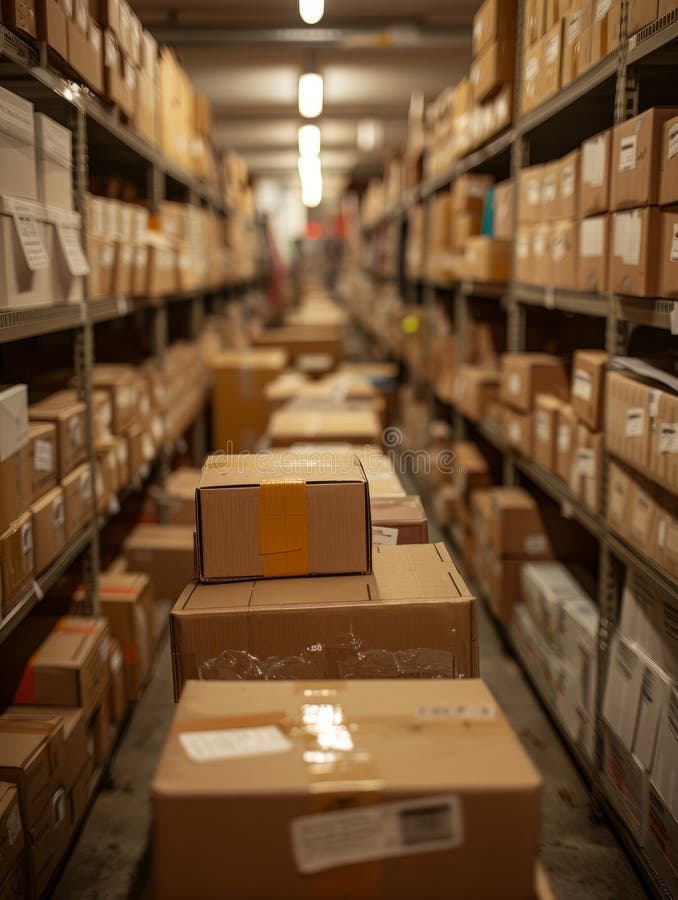 A Warehouse Aisle Filled with Shelves and Cardboard Boxes. Stock Photo ...