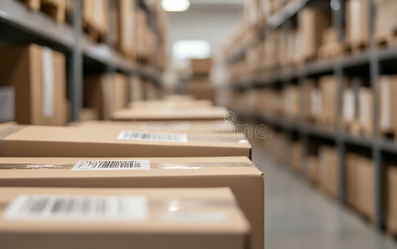 A Warehouse Aisle Filled with Stacked Cardboard Boxes, Illustrating ...