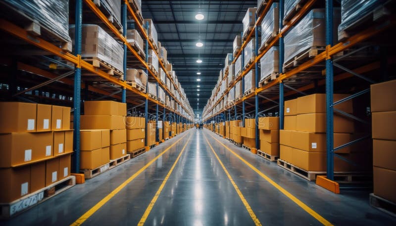 Warehouse Aisle Filled with Stacked Racks and Palletized Boxes Stock ...