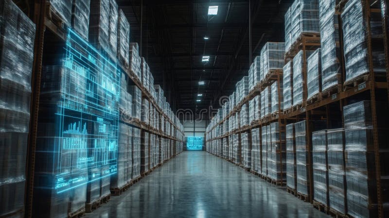 Warehouse Aisle with Pallets Stacked High and Holographic Data Display ...