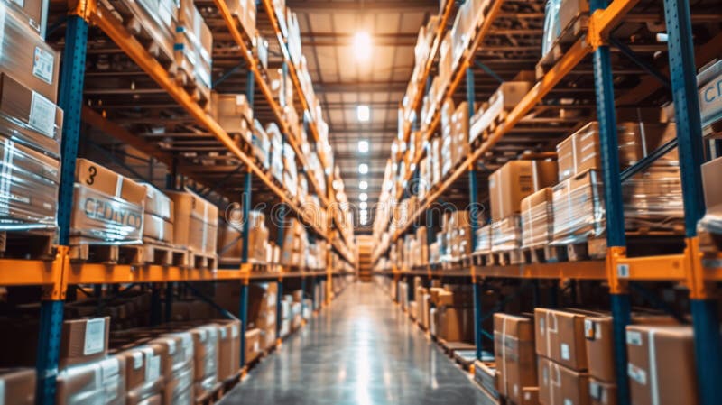 Warehouse Aisle with Shelves Stocked with Boxes Stock Photo - Image of ...