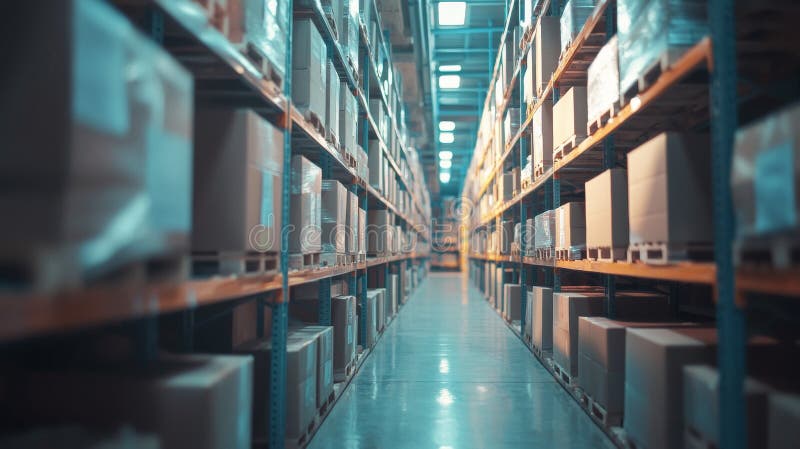 Warehouse Aisle with Stacked Boxes on Shelves Stock Photo - Image of ...
