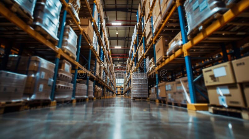 Warehouse Aisle with Stacked Boxes on Shelves Stock Image - Image of ...