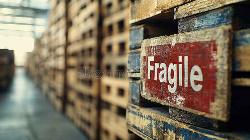 A Warehouse Aisle with Stacked Pallets and a Fragile Sign. Stock Image ...