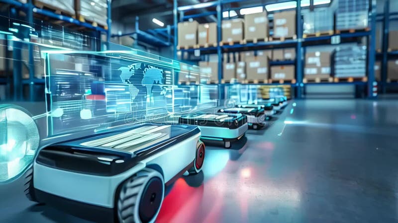 Warehouse with Automated Guided Vehicles Moving in a Futuristic ...