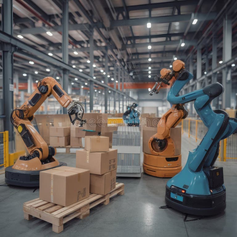 A Warehouse with Automated Robots Sorting Packages Efficiently, Representing Advanced Logistics ...