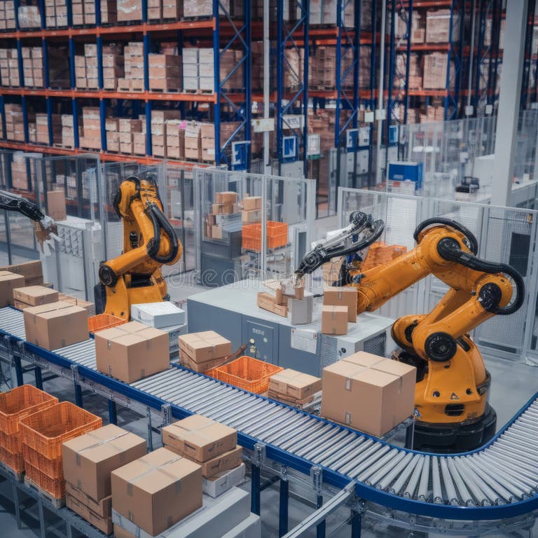 A Warehouse with Automated Robots Sorting Packages Efficiently, Representing Advanced Logistics ...