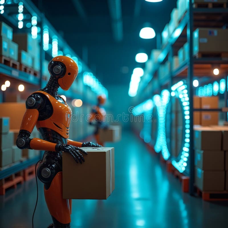 A Warehouse with Autonomous Robots Sorting Packages, Dynamic Neon ...