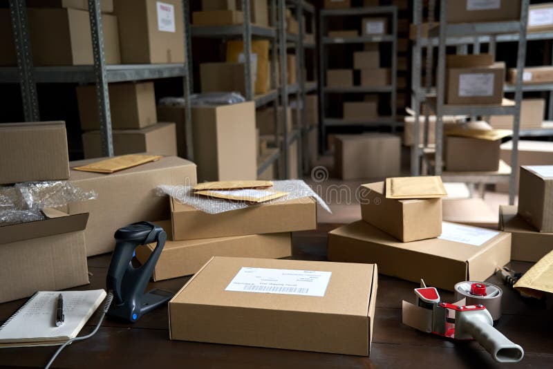 Warehouse Background Shipping Orders Package Boxes on Table. Stock ...