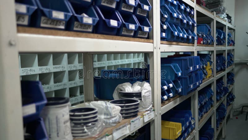 Warehouse Blue Boxes stock photo. Image of shelfs, descriptions - 137096928