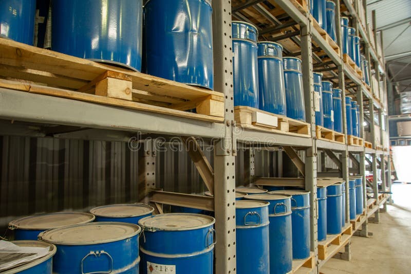 Warehouse with Blue Industrial Metal Barrels Stock Image - Image of ...