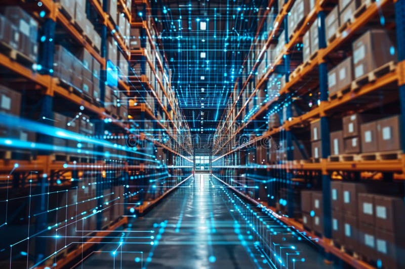 Warehouse with Blue Lines stock illustration. Illustration of storage ...