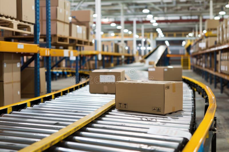 Warehouse with Boxes on a Conveyor Belt, Showcasing the Process of ...