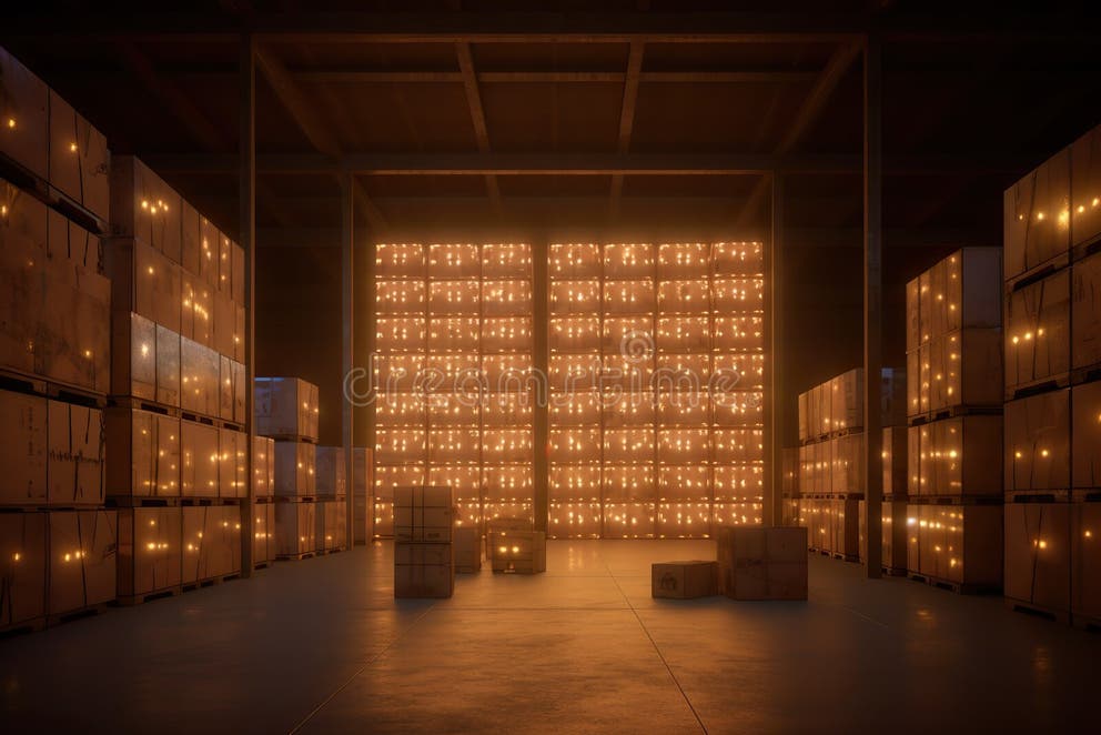 A Warehouse with Boxes and a Glowing Lights Stock Illustration ...