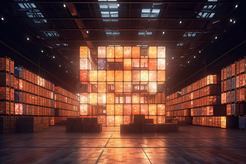 A Warehouse with Boxes and a Glowing Lights Stock Illustration ...