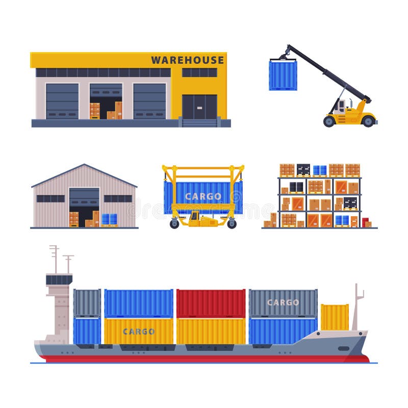 Warehouse with Building, Cargo Container and Ship Vector Set Stock ...