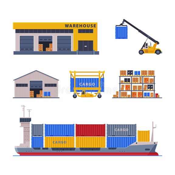 Warehouse with Building, Cargo Container and Ship Vector Set Stock ...