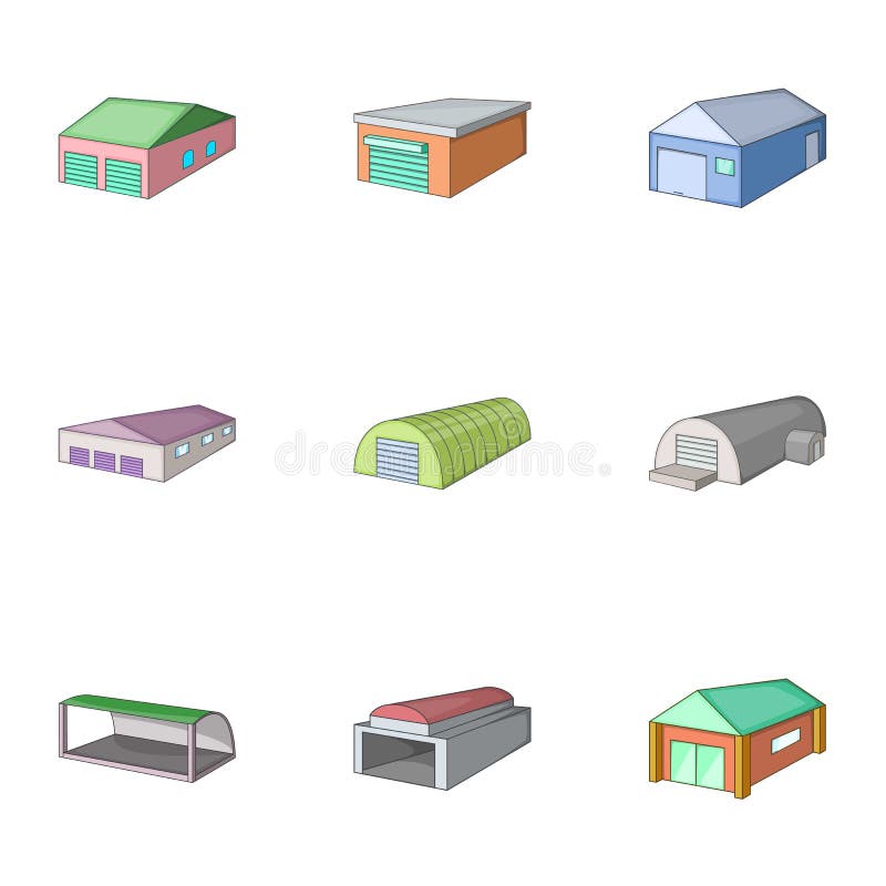 Warehouse Building Icons Set, Cartoon Style Stock Vector - Illustration ...